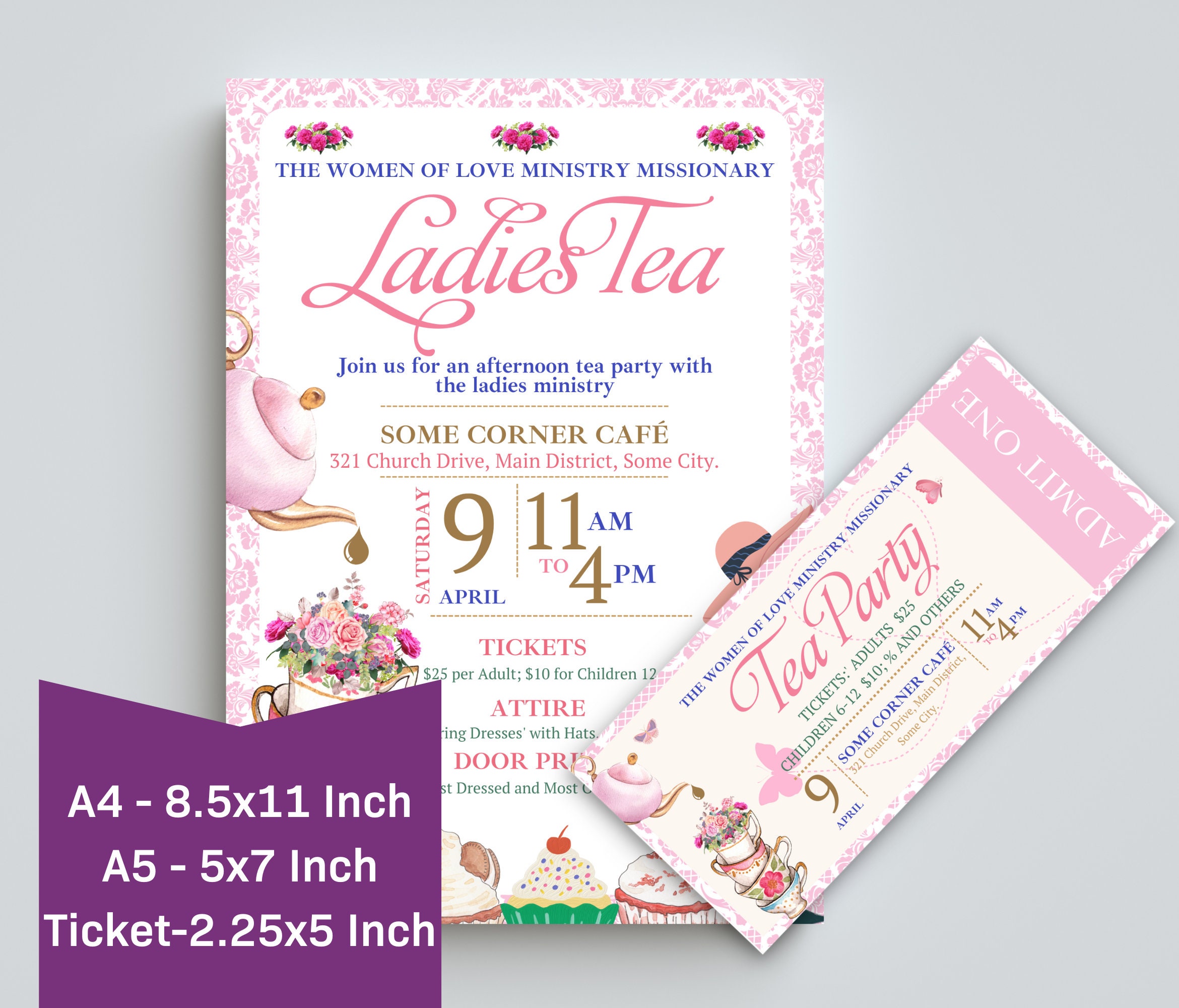 Ladies Tea Event Flyer Printable, Pink and Gold Par-tea Invite Template ...