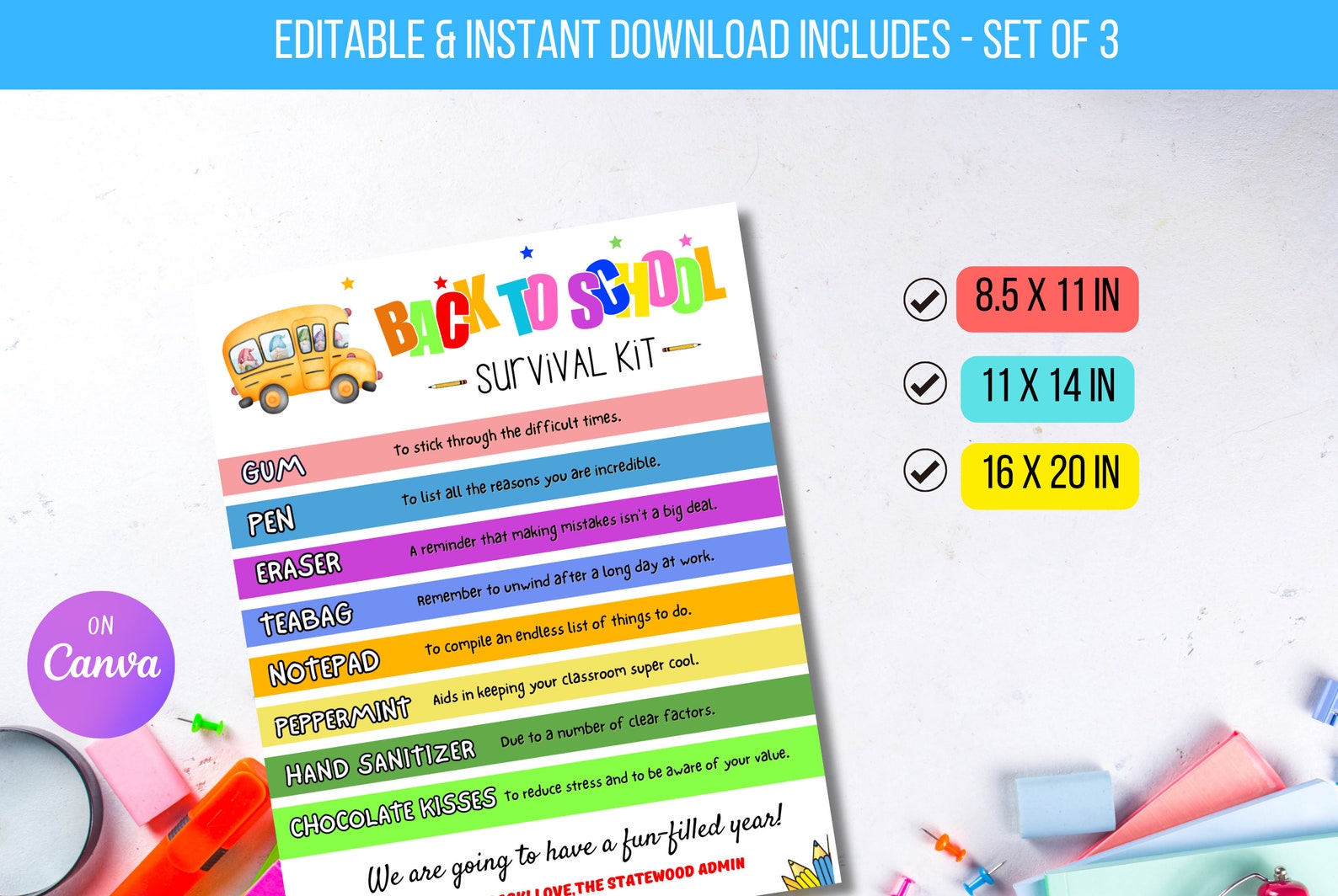 EDITABLE Back to School Survival Kit Template, First Day of School ...