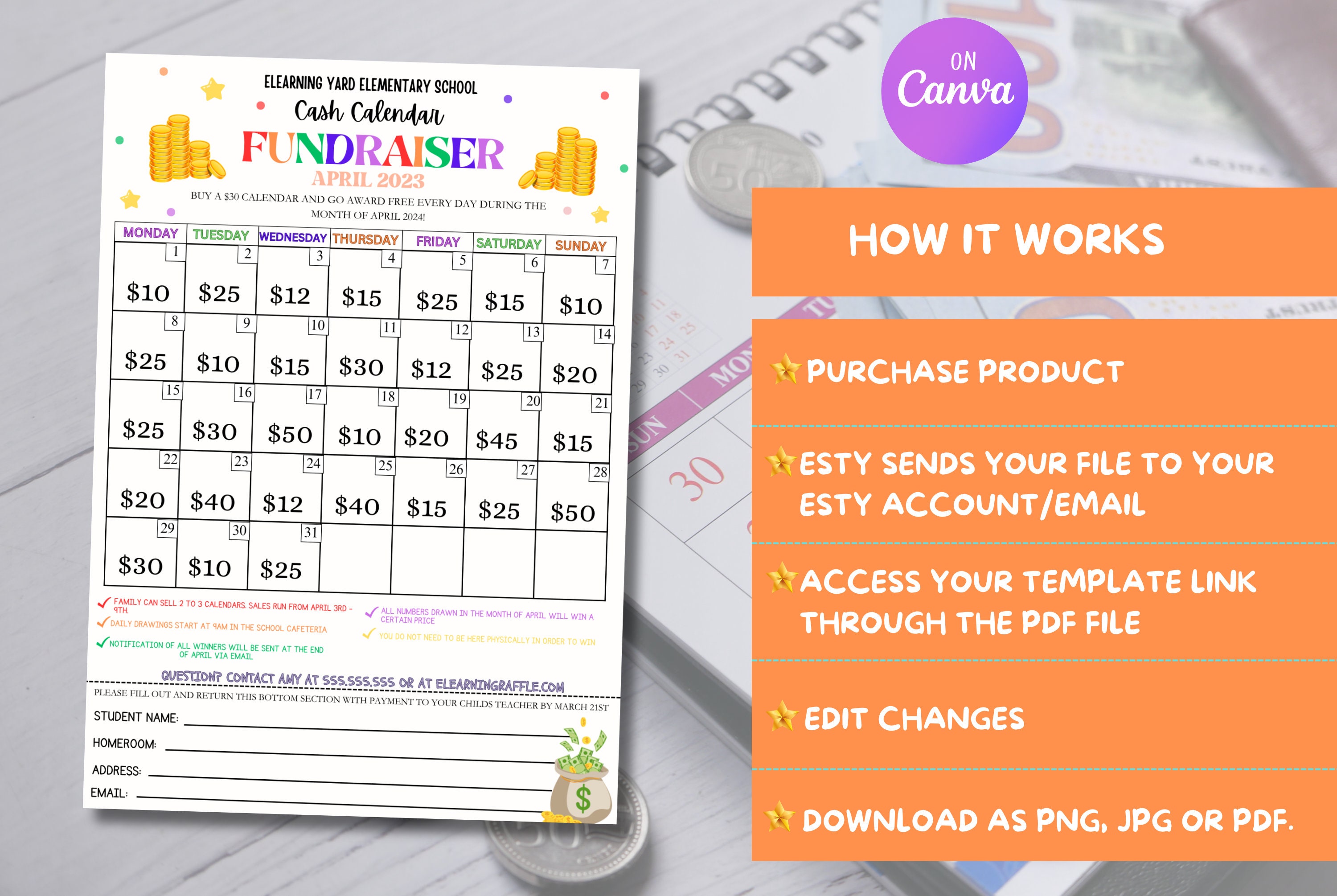 EDITABLE Cash Calendar Fundraiser Flyer Template, School Non-profit ...