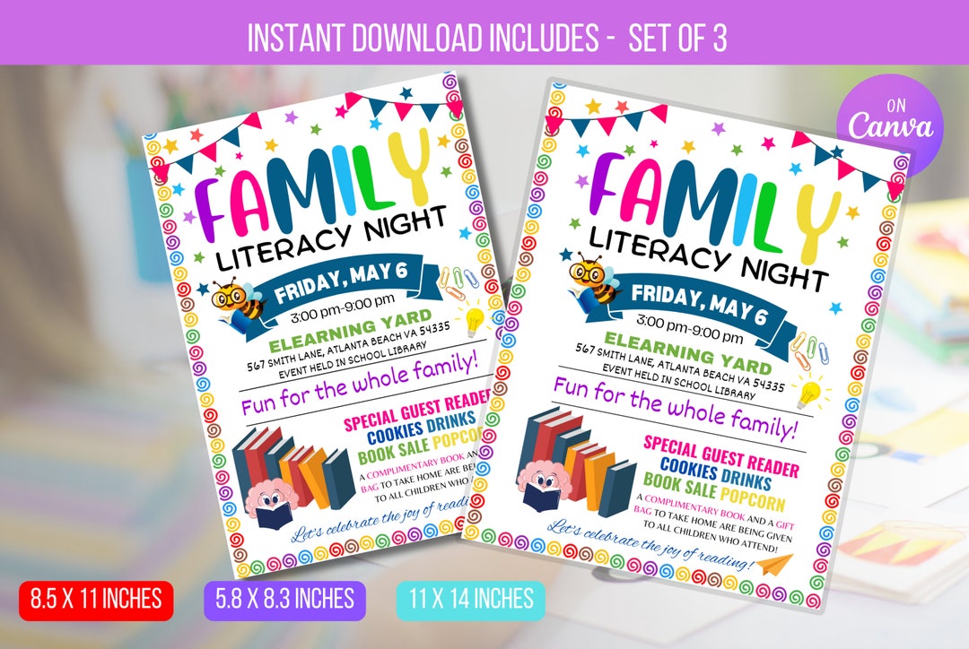 EDITABLE Family Literacy Night Flyer, PTO PTA Reading Book Sale School ...
