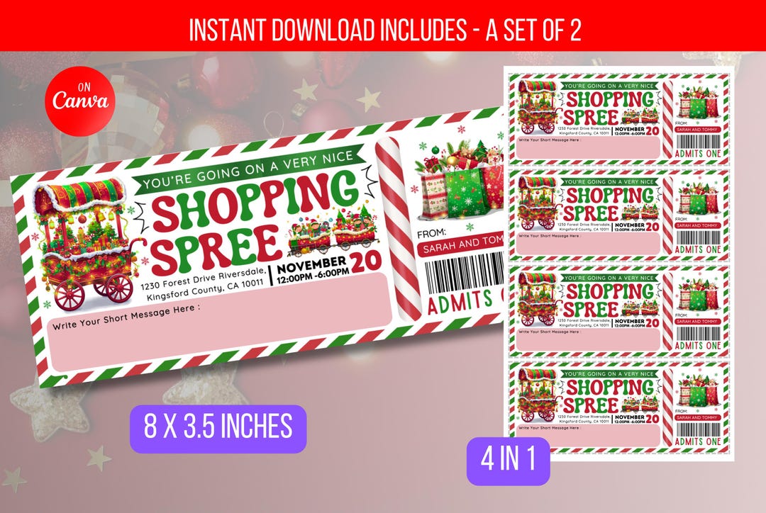 EDITABLE Christmas Shopping Spree Surprise Gift Ticket, Going Out for ...