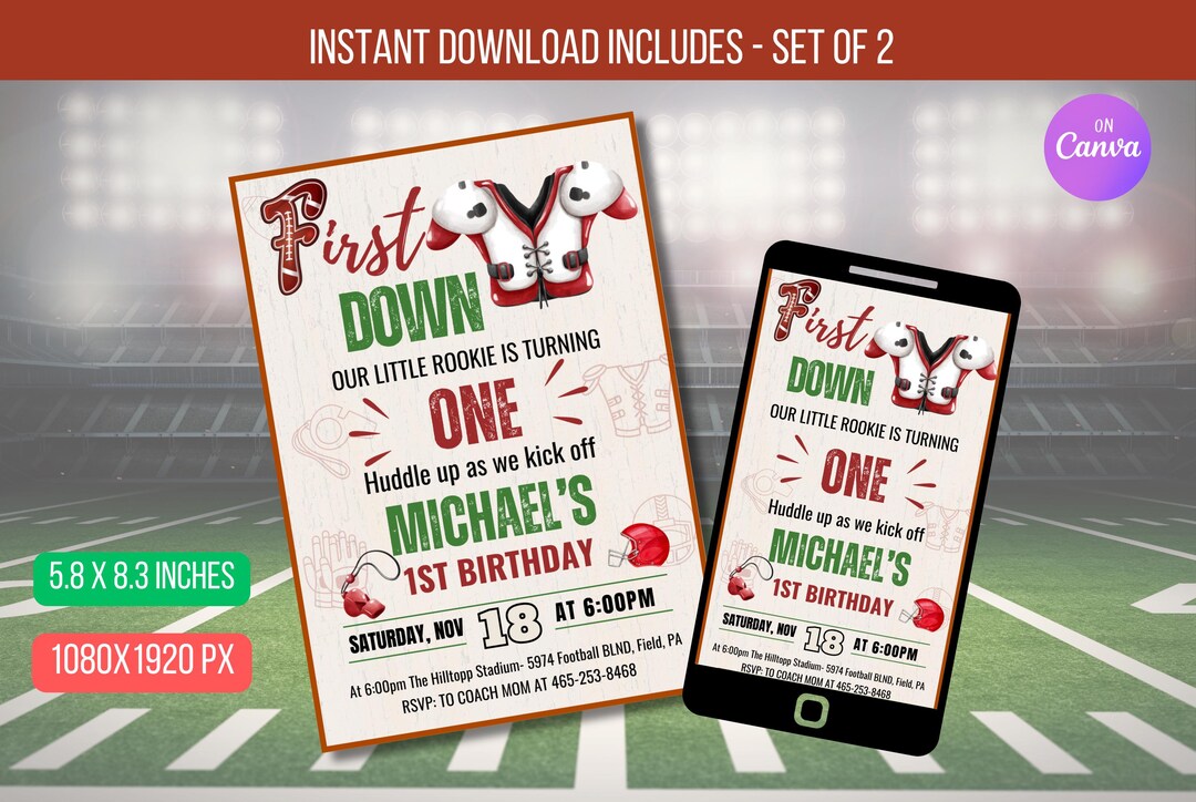 EDITABLE Football 1st Birthday Invitation, Game Time Boy First Birthday ...