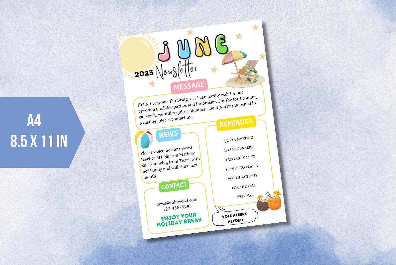 EDITABLE June PTO Newsletter Template, Classroom Printable Handout ...