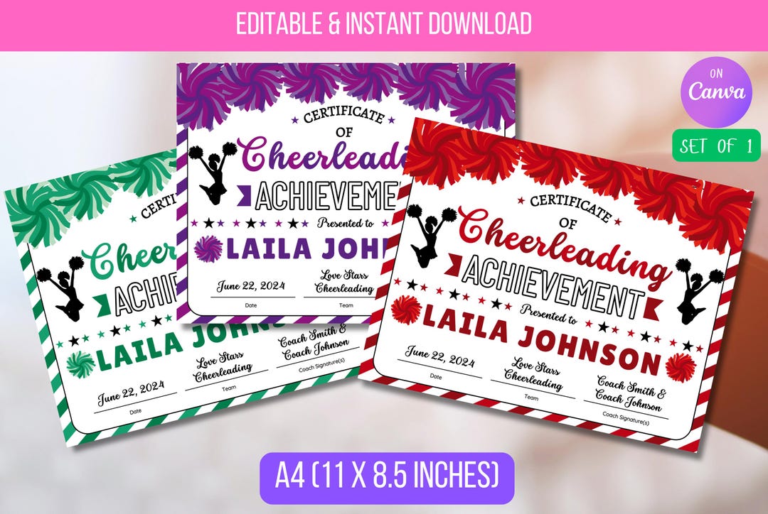 EDITABLE Cheerleader Certificate, Cheer Certificates Sports Award ...