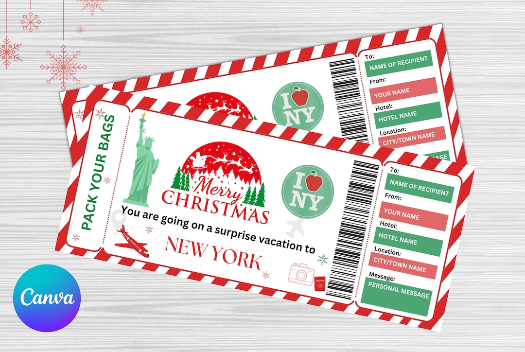 New York Trip Ticket Template - Christmas Gift - Printable Travel ...