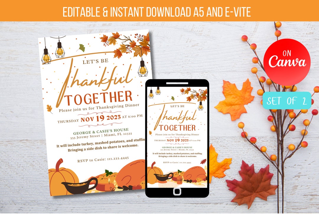 EDITABLE Thankful Together Thanksgiving Invite, Thanksgiving Invitation ...