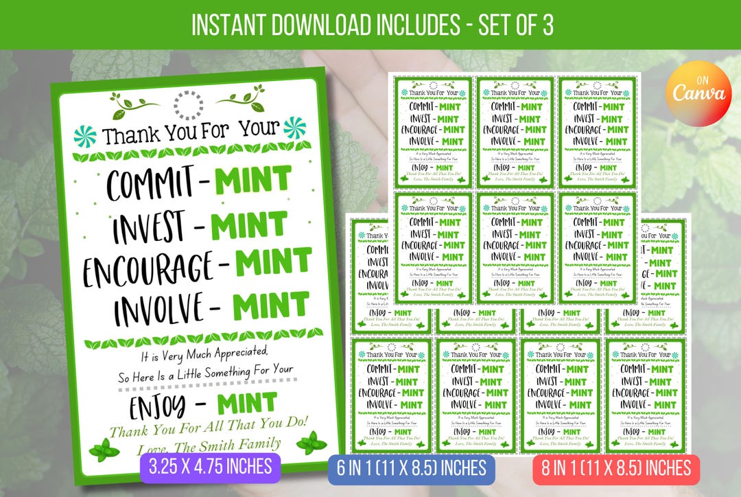 EDITABLE Thank You Mint Tags, Thank You for Your Commitment Gift ...