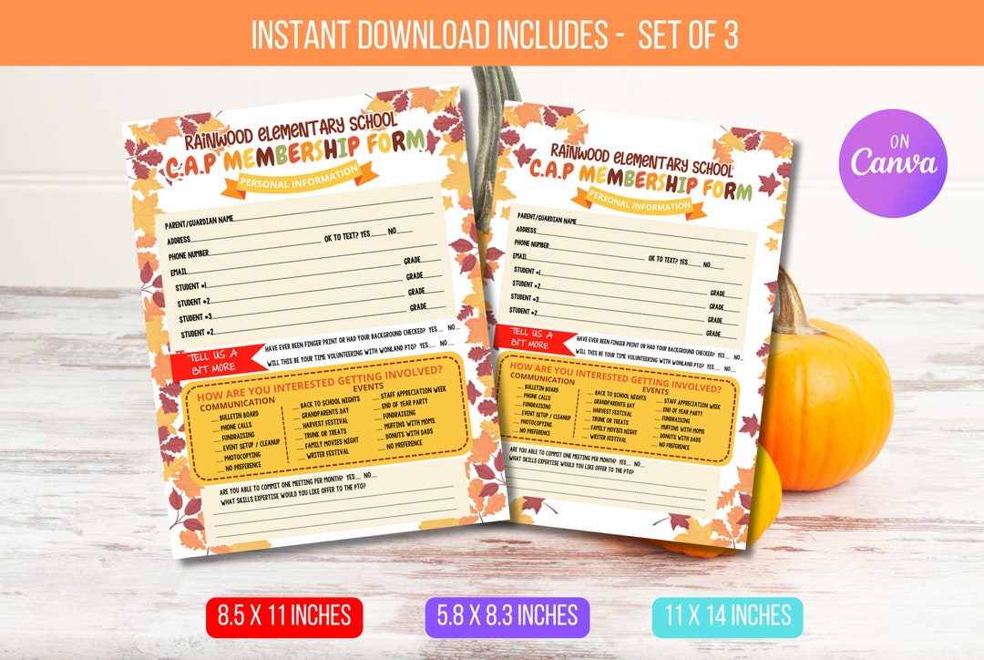 EDITABLE FALL PTO Membership Form, Pto/pta Parent Volunteer Sign up ...