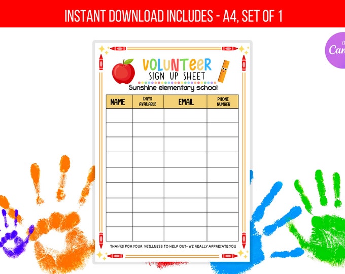 EDITABLE Teacher Volunteer Printable, PTO/PTA Sign up Sheet, Editable ...