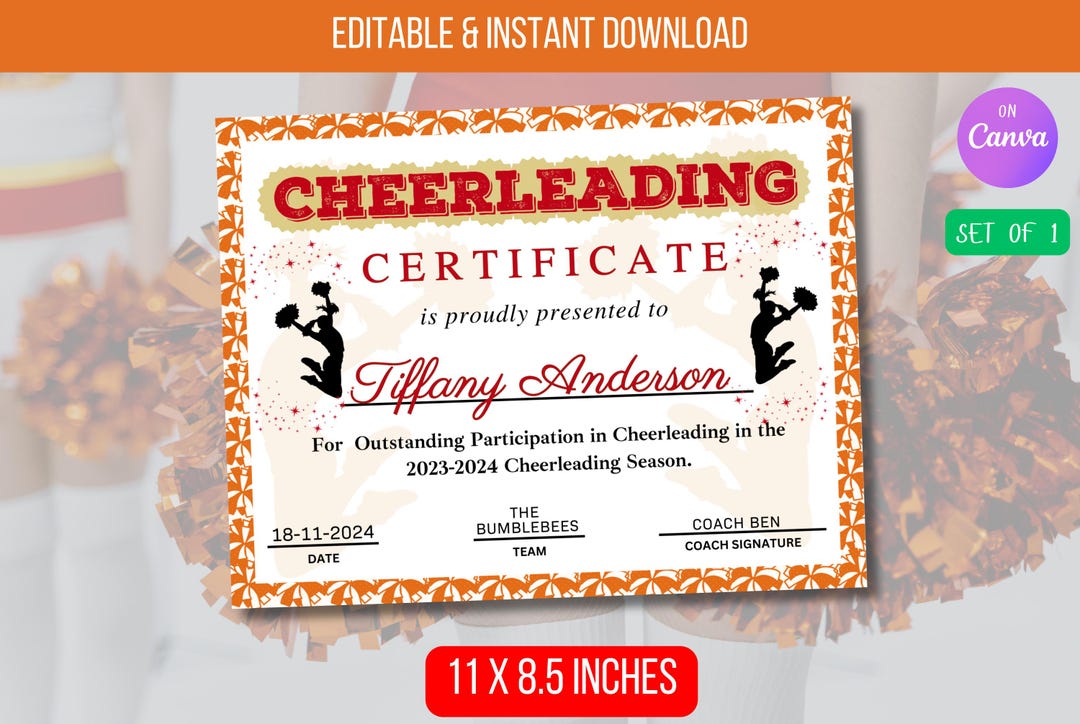 EDITABLE Cheerleader Certificate, Cheer Certificates Sports Award ...