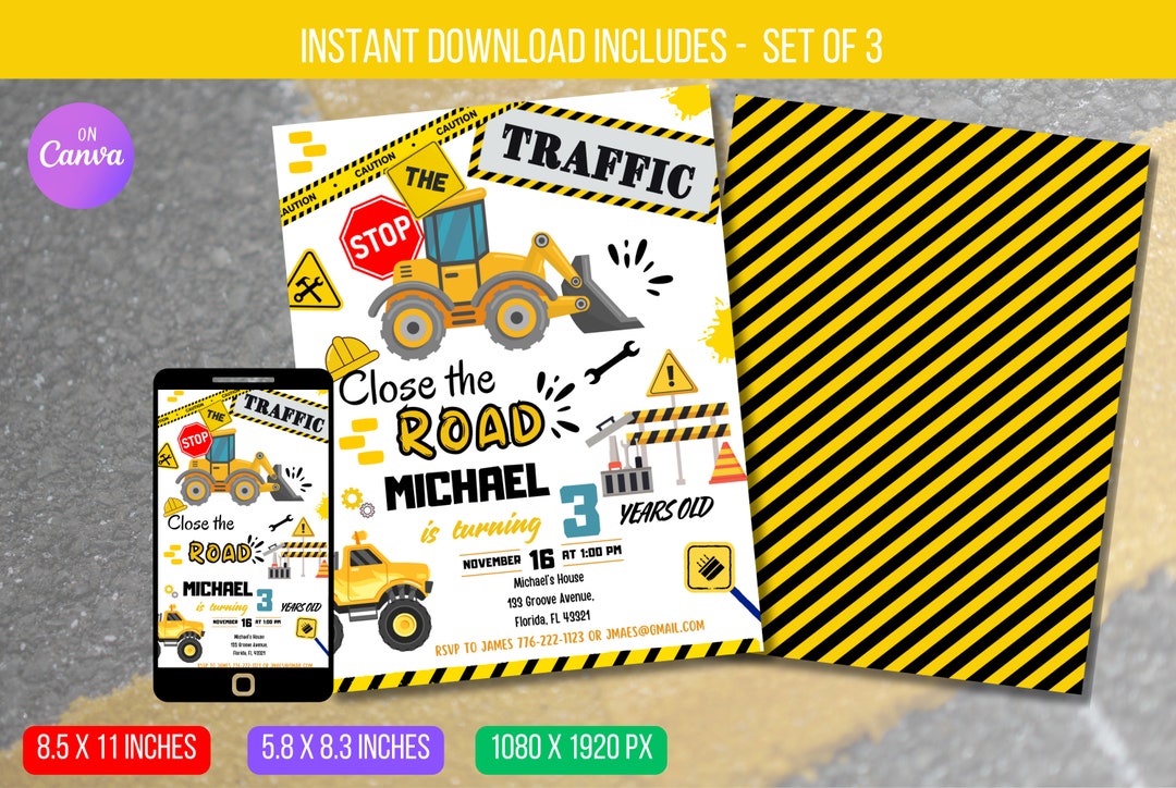 EDITABLE Stop the Traffic, Close the Road Birthday Invite, Construction ...