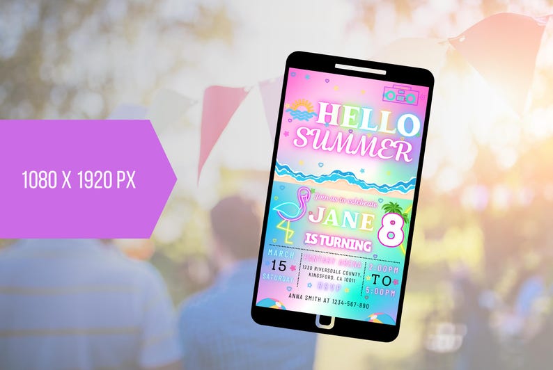 EDITABLE Hello Summer Party Invitation, Summer Birthday Party, Neon ...