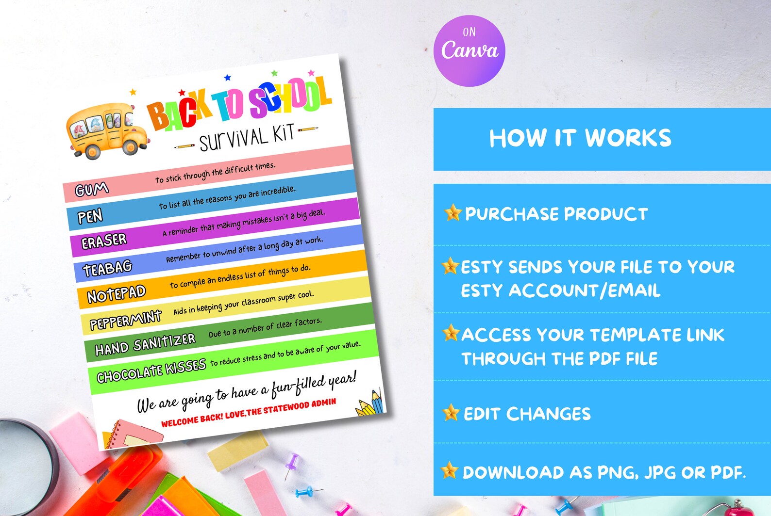 EDITABLE Back to School Survival Kit Template, First Day of School ...