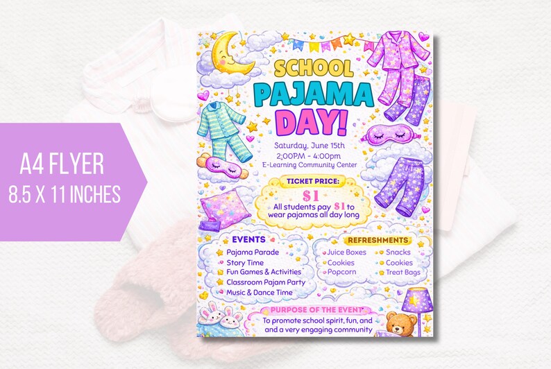 EDITABLE School Pajama Day Flyer, School Spirit Party, School ...