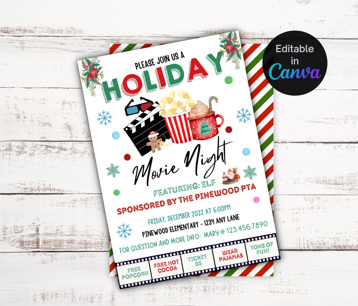 Editable Christmas Movie Night Invitation, Printable Holiday Movie ...
