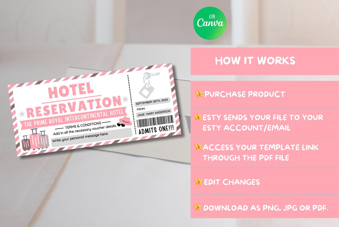 EDIATBLE Hotel Reservation Gift Voucher, Pink Hotel Stay Ticket ...