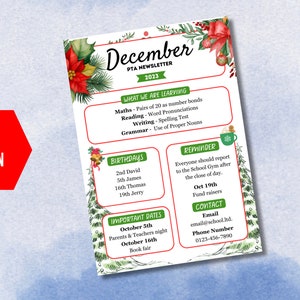 EDITABLE December PTA Newsletter Template, Classroom Printable Handout ...