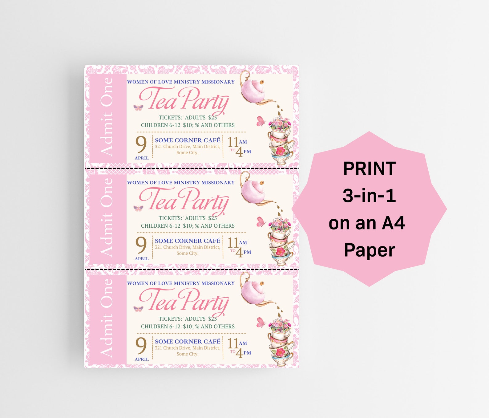 Ladies Tea Event Flyer Printable, Pink and Gold Par-tea Invite Template ...