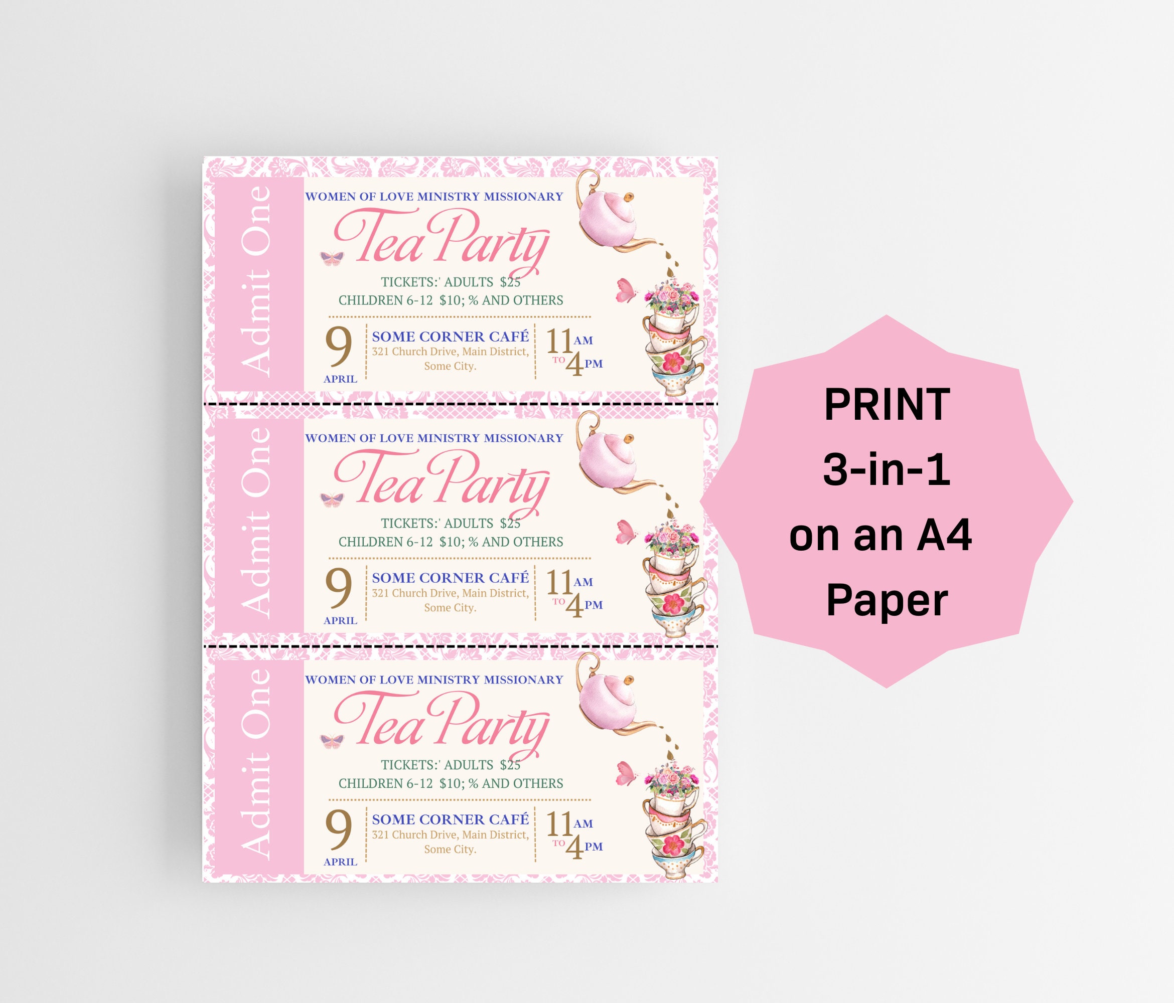 Ladies Tea Event Flyer Printable, Pink and Gold Par-tea Invite Template ...