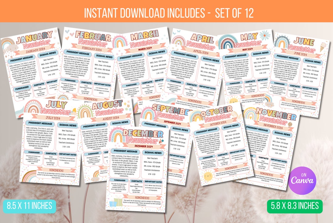 EDITABLE Boho Monthly Rainbow Newsletter Template Set, Printable ...