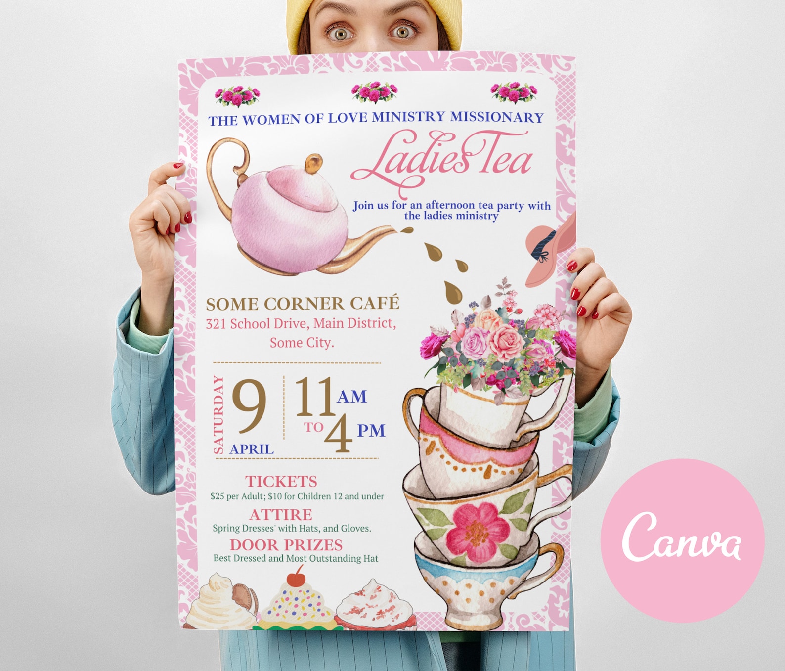 Ladies Tea Event Flyer Printable, Pink and Gold Par-tea Invite Template ...