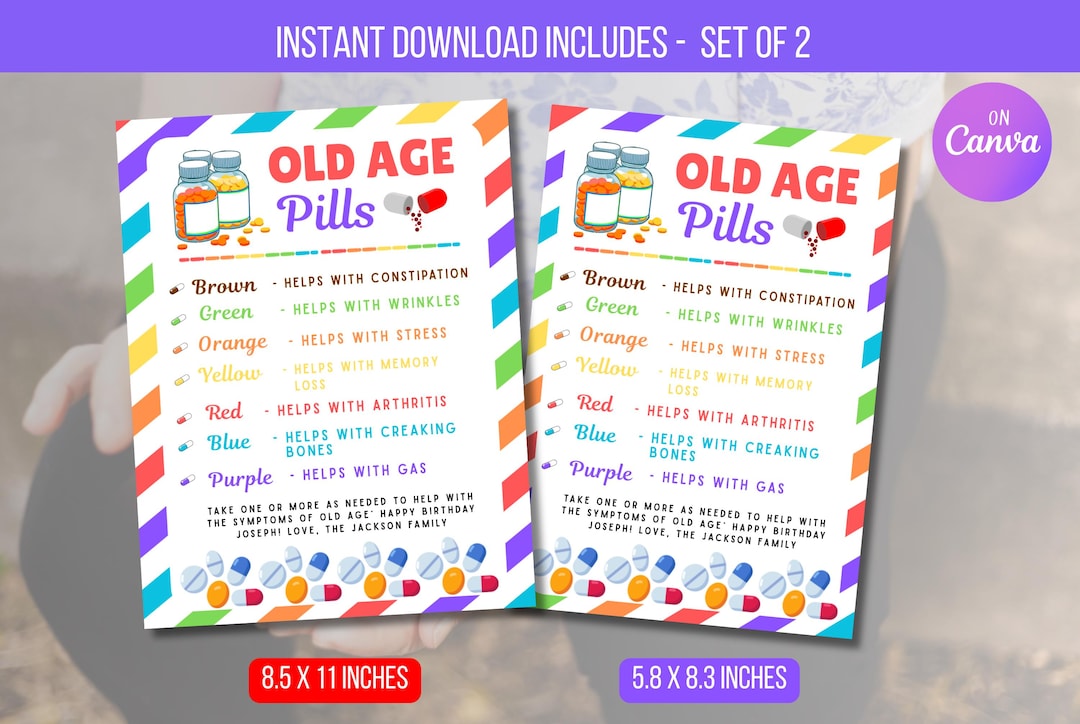 EDITABLE Old Age Pills, Over the Hill, Birthday Gift Label, Funny Gag ...