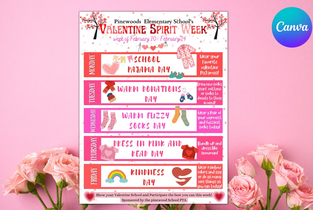 Valentines Spirit Week School Flyer. Festive Spirit Week PTO Flyer ...