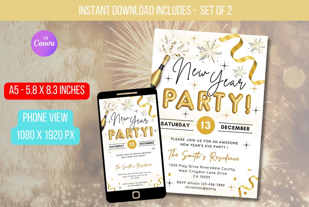 EDITABLE New Years Party Invite, 2024 Cheers to the New Year’s Party ...