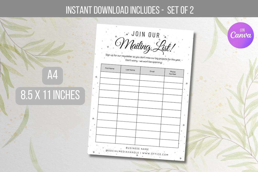 EDITABLE Mailing List Template, Email Address List Sign up Sheet, Small ...