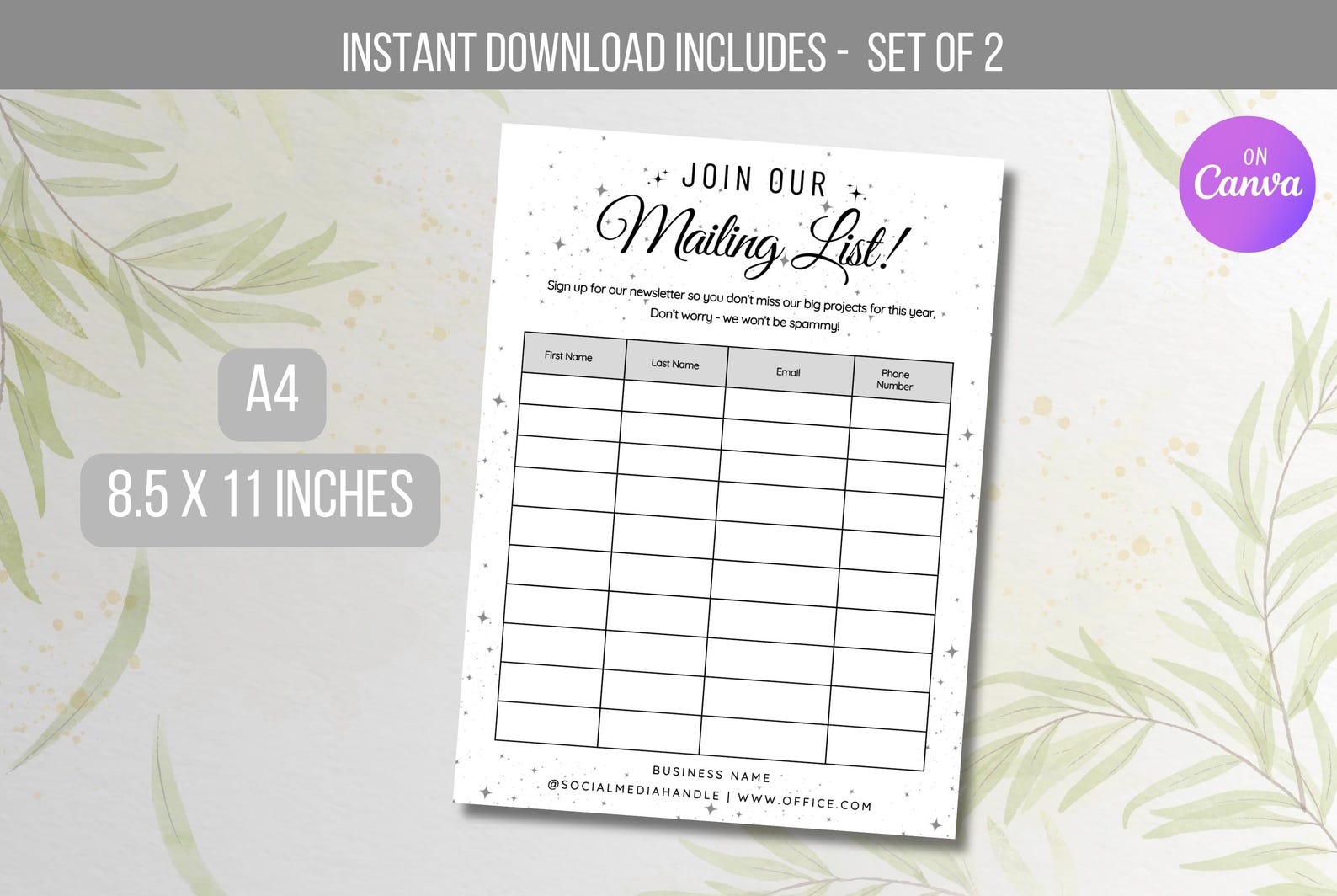 EDITABLE Mailing List Template, Email Address List Sign up Sheet, Small ...