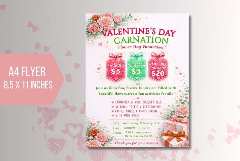 EDITABLE Valentines Day Carnation Flower Fundraiser Flyer, Fundraiser ...