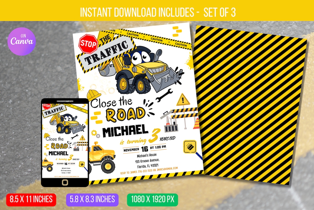 EDITABLE Stop the Traffic, Close the Road Birthday Invite, Construction ...