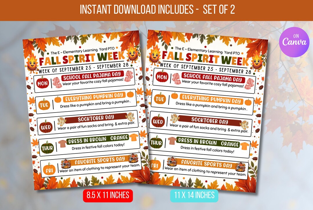 EDITABLE Fall Spirit Week Schedule Template, Printable Spirit Week ...