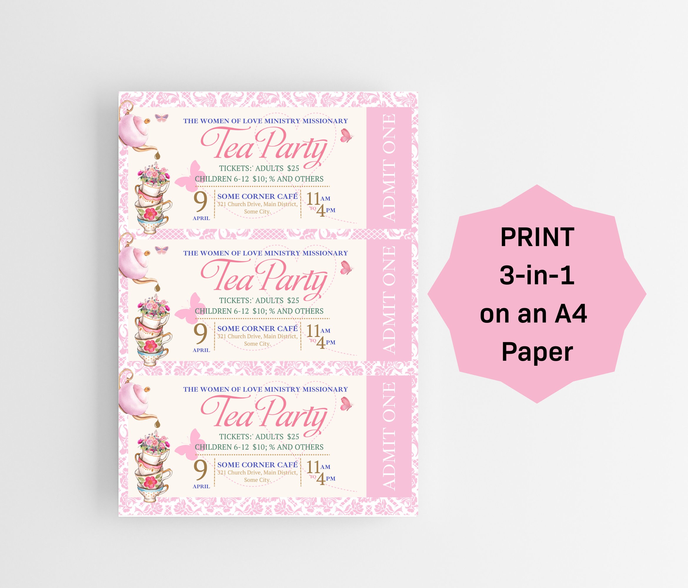 Ladies Tea Event Flyer Printable, Pink and Gold Par-tea Invite Template ...