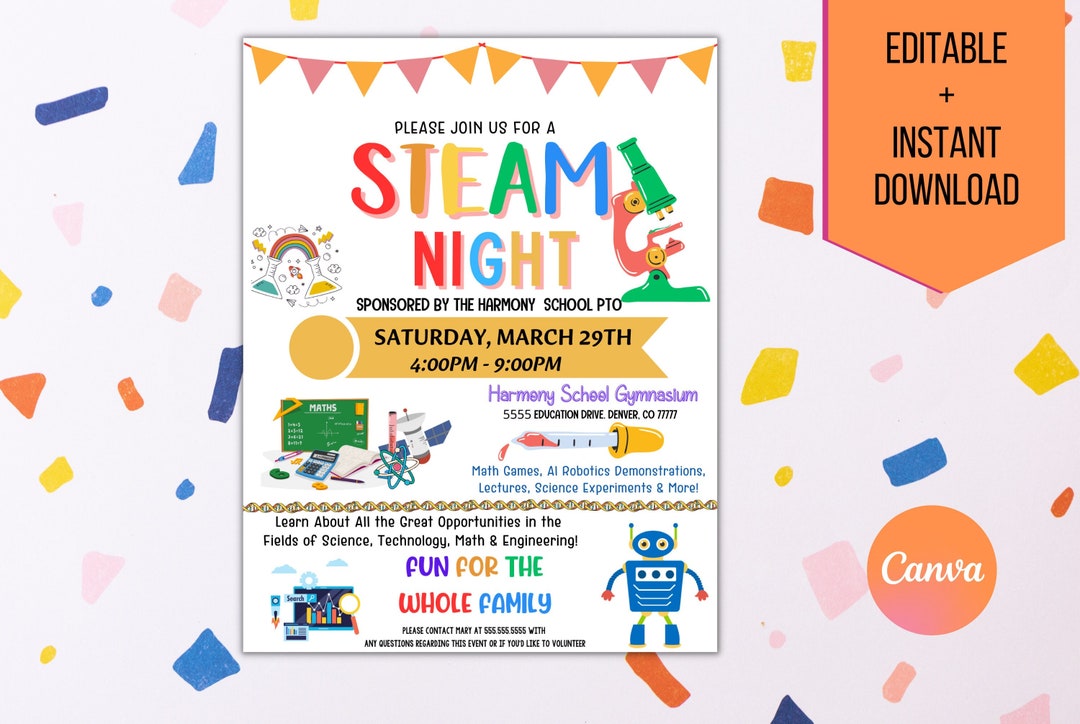 EDITABLE Family Steam Night Flyer, School PTA PTO Flyer, Community ...