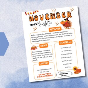 EDITABLE November PTO Newsletter Template, Classroom Printable Handout ...