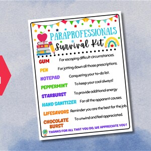 EDITABLE Paraprofessional Survival Kit, Back to School Gift, PTA PTO ...