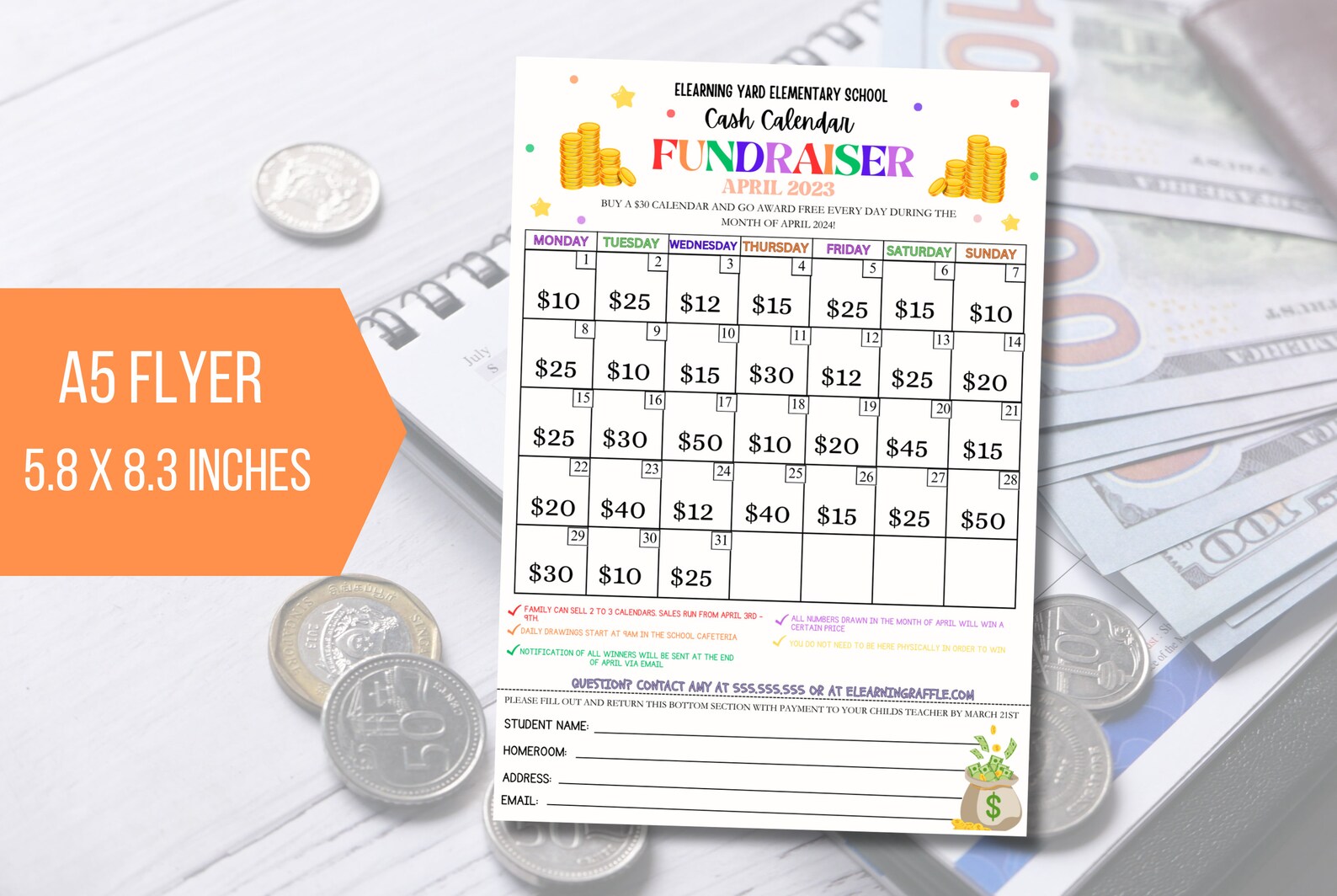 EDITABLE Cash Calendar Fundraiser Flyer Template, School Non-profit ...
