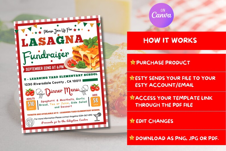 EDITABLE Lasagna Fundraiser Flyer & Ticket, Printable PTA PTO Flyer ...