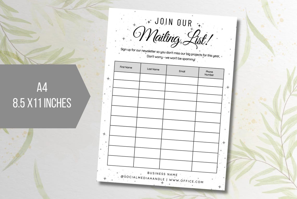 EDITABLE Mailing List Template, Email Address List Sign up Sheet, Small ...