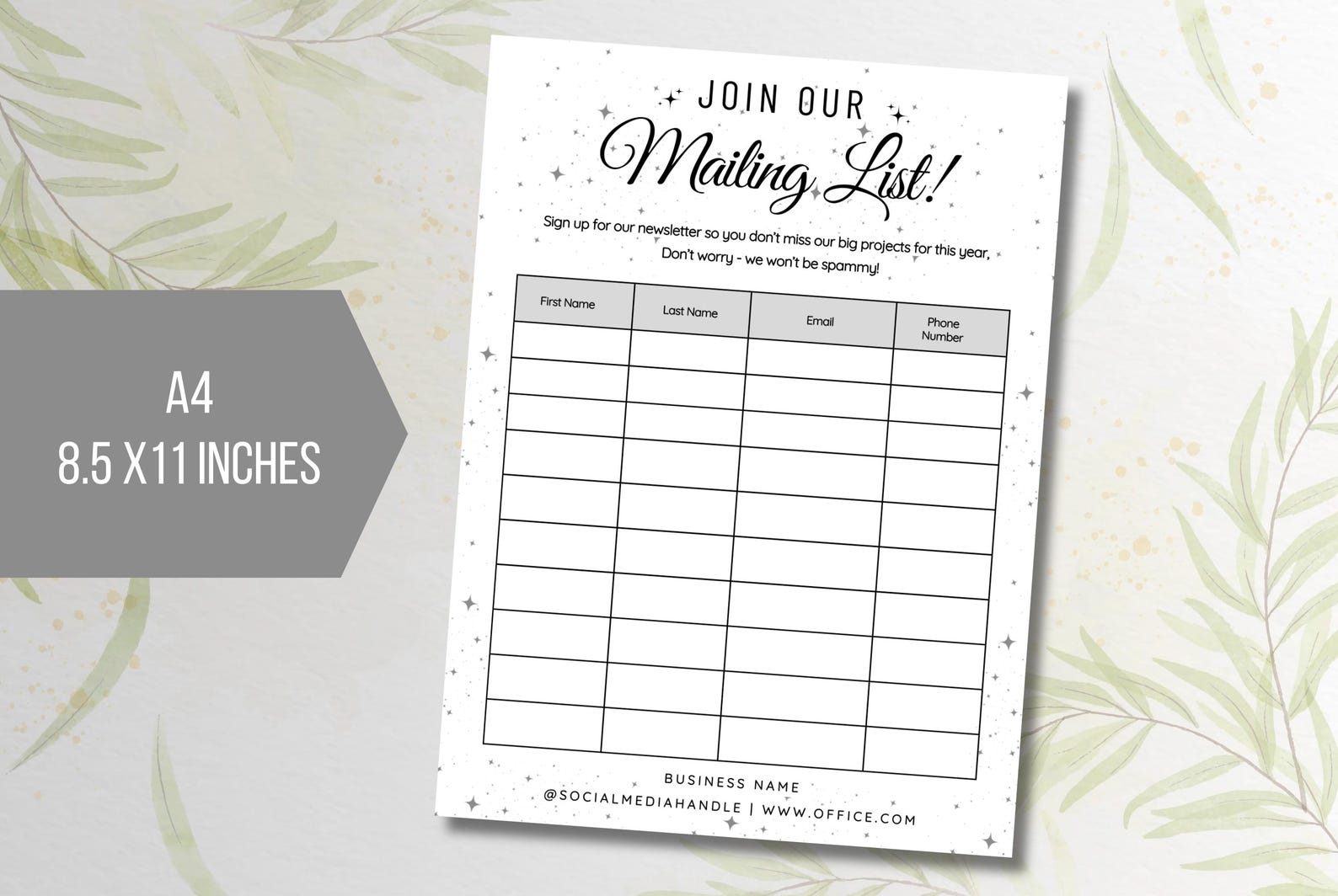 EDITABLE Mailing List Template, Email Address List Sign up Sheet, Small ...