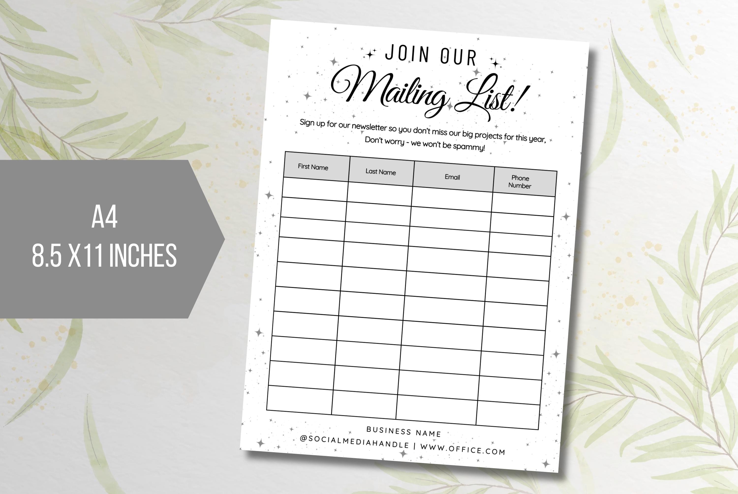 EDITABLE Mailing List Template, Email Address List Sign up Sheet, Small ...