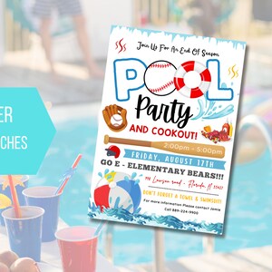 EDITABLE Baseball Pool Party Invite, Back to School Invitation, Summer ...