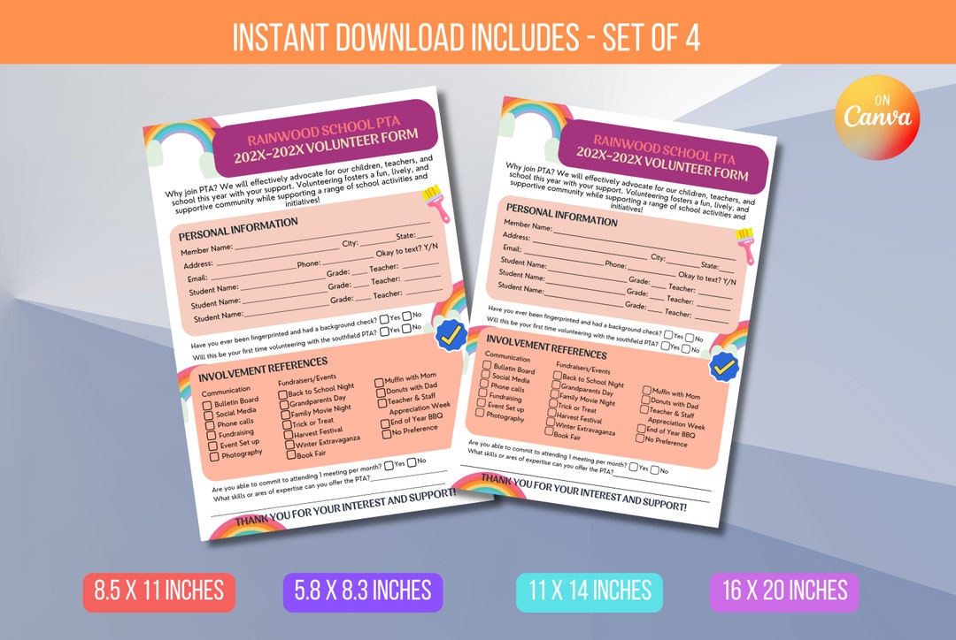 EDITABLE PTA Volunteer Form, Pto/pta Parent Volunteer Sign up Form ...
