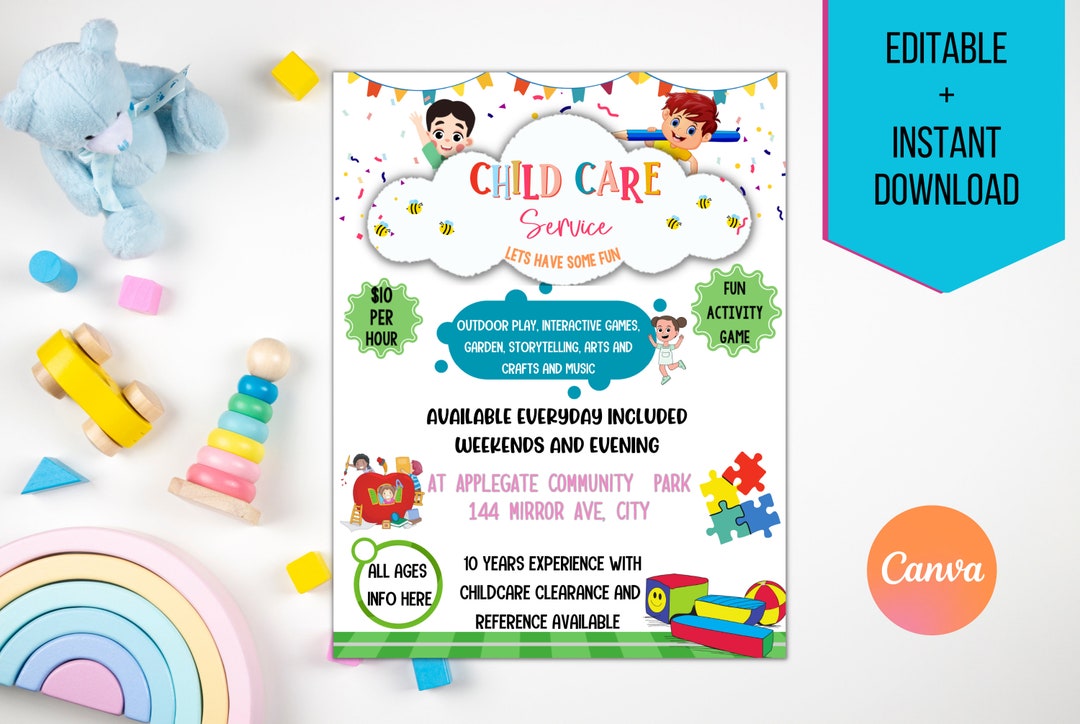 Child Care Flyer Template, Baby Sitting, Playtime Theme, Daycare Poster ...