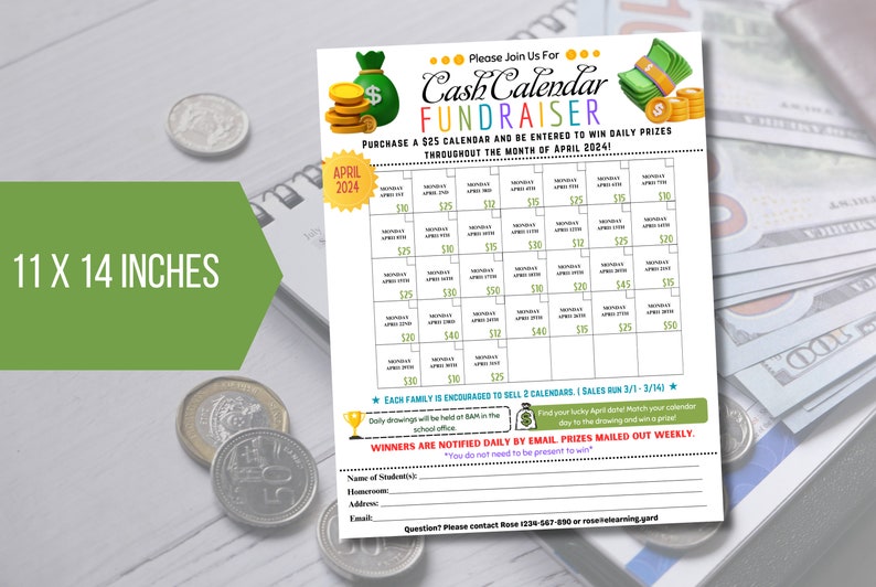 EDITABLE Cash Calendar Fundraiser Flyer Template, School Non-profit ...