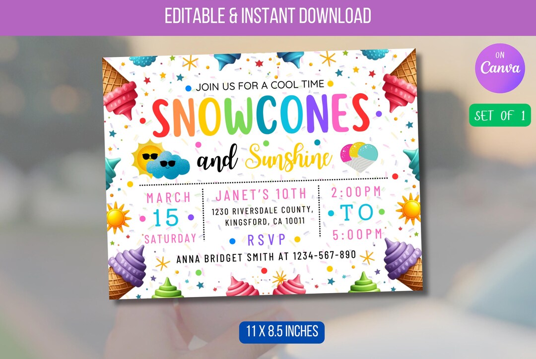 EDITABLE Snow Cone and Sunshine Party Invitation, Summer Birthday Party ...