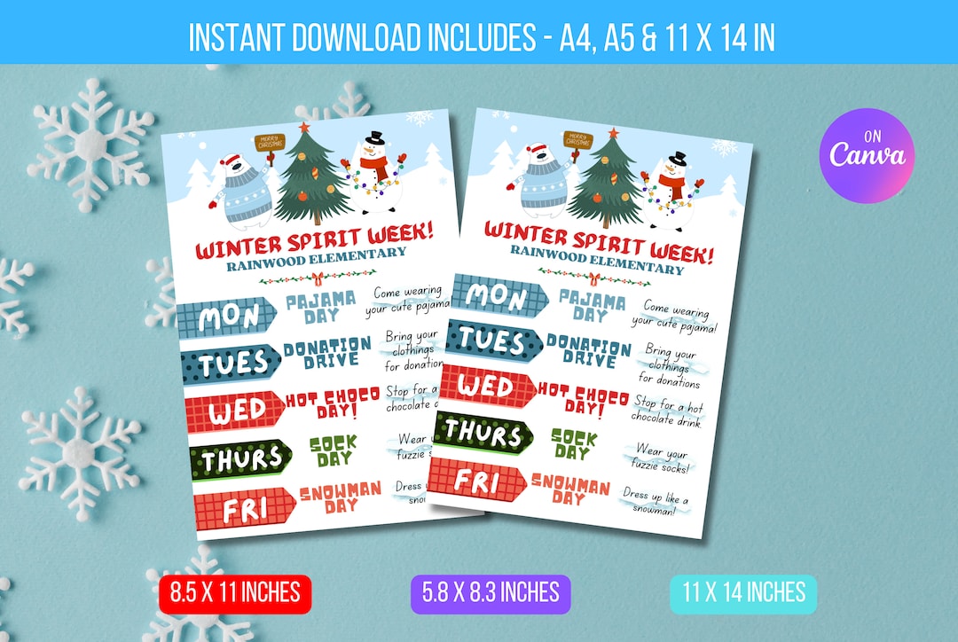 EDITABLE Winter Spirit Week Schedule Flyer Template Printable Spirit ...