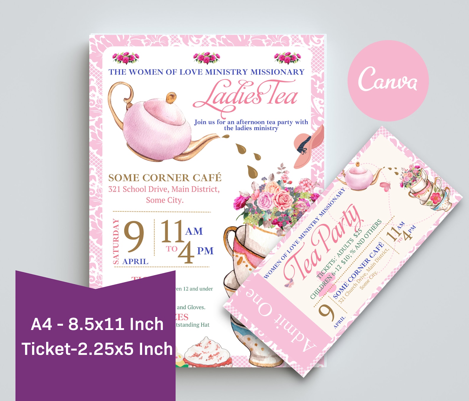 Ladies Tea Event Flyer Printable, Pink and Gold Par-tea Invite Template ...