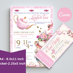 Ladies Tea Event Flyer Printable, Pink and Gold Par-tea Invite Template ...